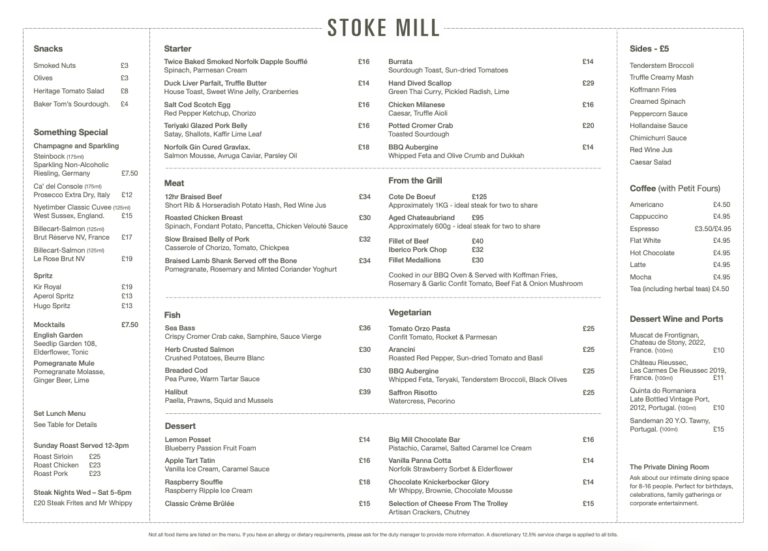 A La Carte Menu – Stoke Mill Restaurant